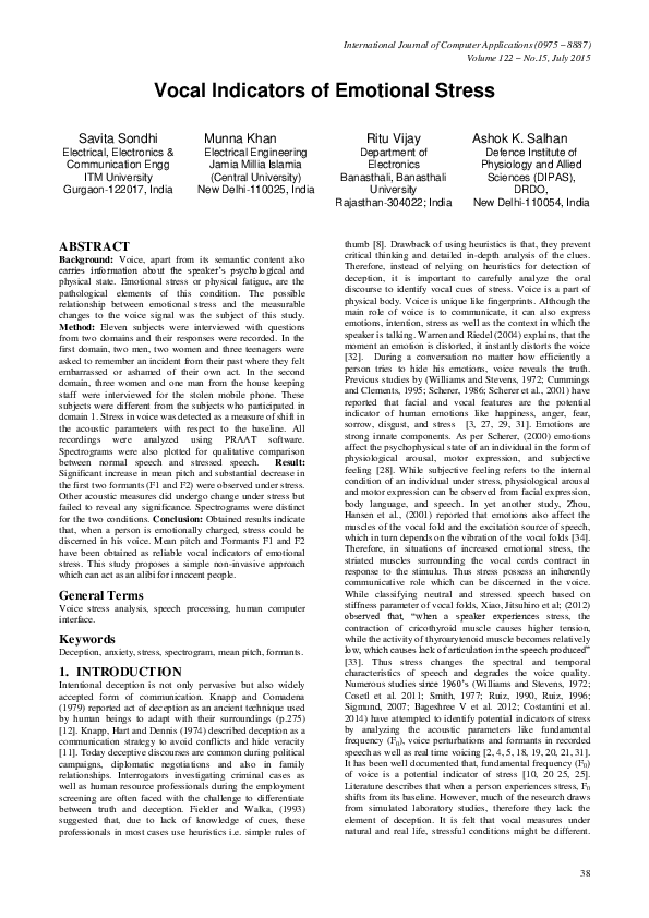 (PDF) Vocal Indicators of Emotional Stress