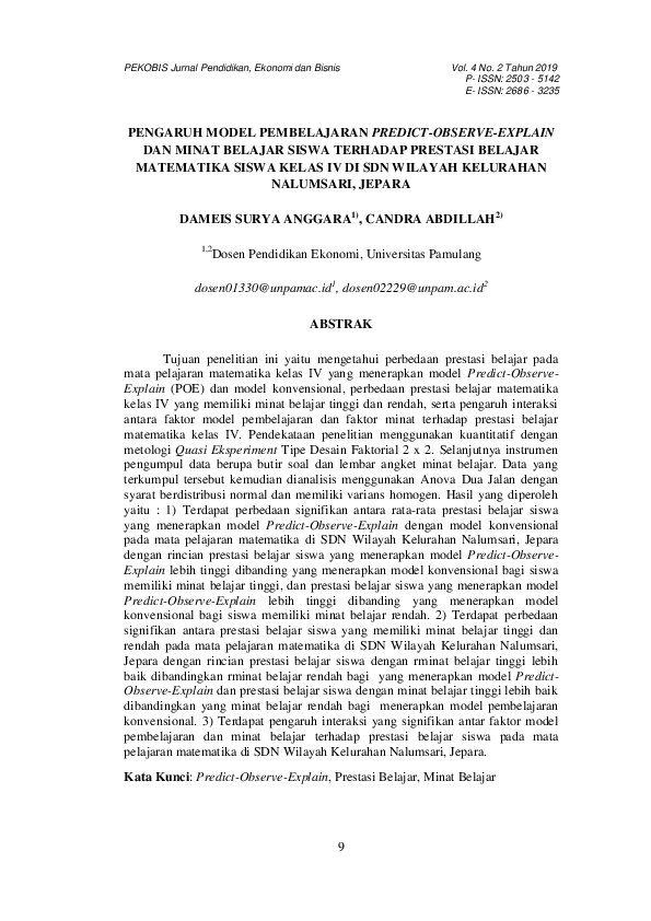 (PDF) Pengaruh Model Pembelajaran Predict-Observe-Explain Dan Minat Belajar Siswa Terhadap ...