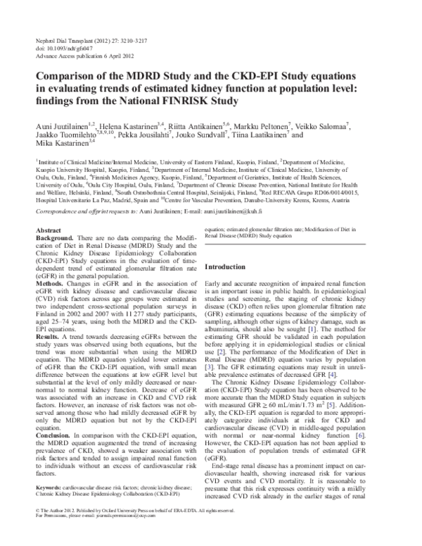 (PDF) Comparison of the MDRD Study and the CKD-EPI Study equations in ...
