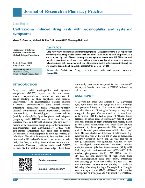 (PDF) Ceftriaxone induced drug rash with eosinophilia and systemic symptoms