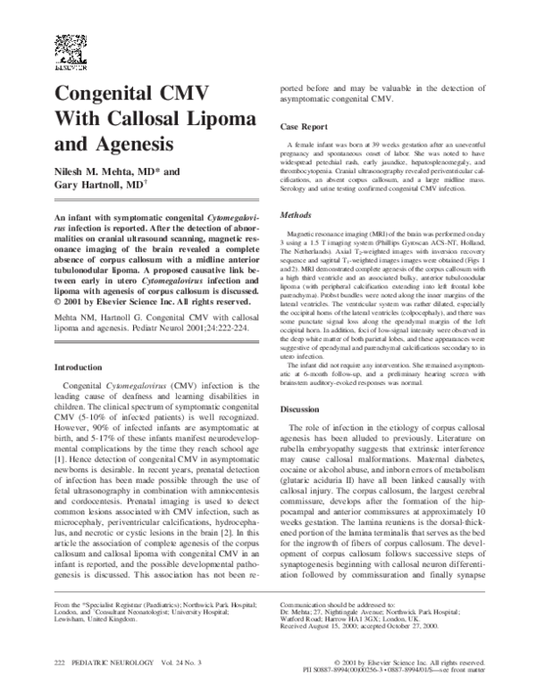 (PDF) Congenital CMV with callosal lipoma and agenesis
