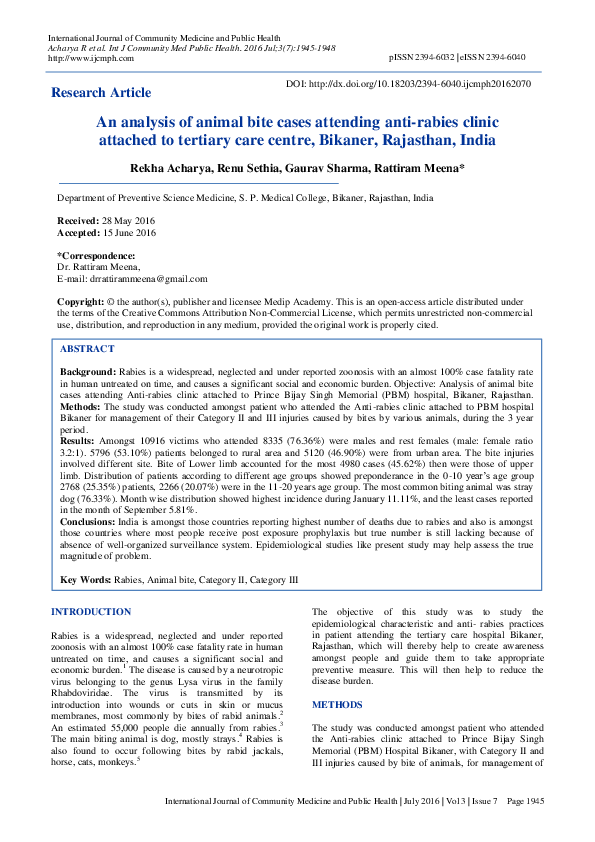 (PDF) An analysis of animal bite cases attending anti-rabies clinic attached to tertiary care ...