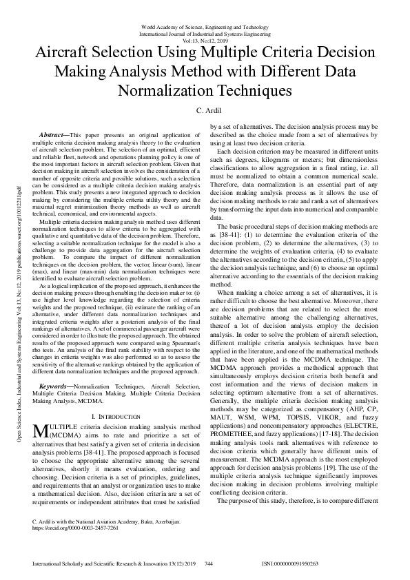 (PDF) Aircraft Selection Using Multiple Criteria Decision Making Analysis Method with Different ...