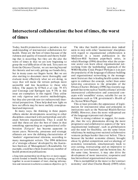 (PDF) Intersectoral collaboration: the best of times, the worst of ...