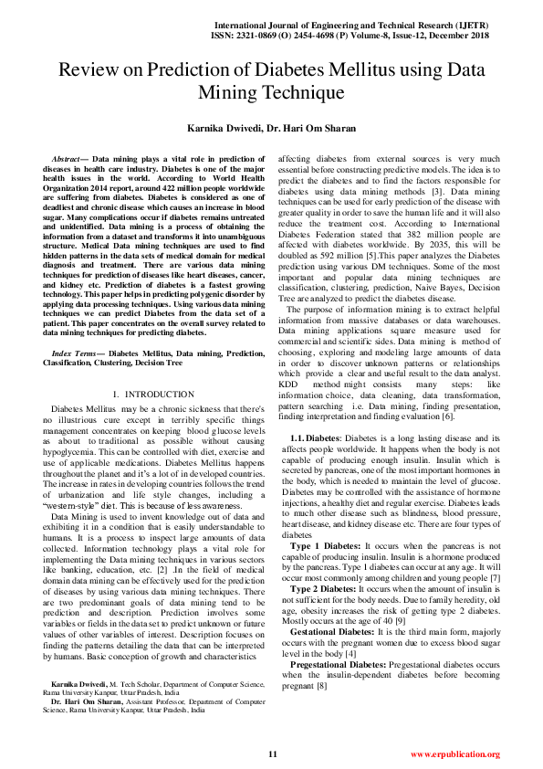 (PDF) Review on Prediction of Diabetes Mellitus using Data Mining Technique