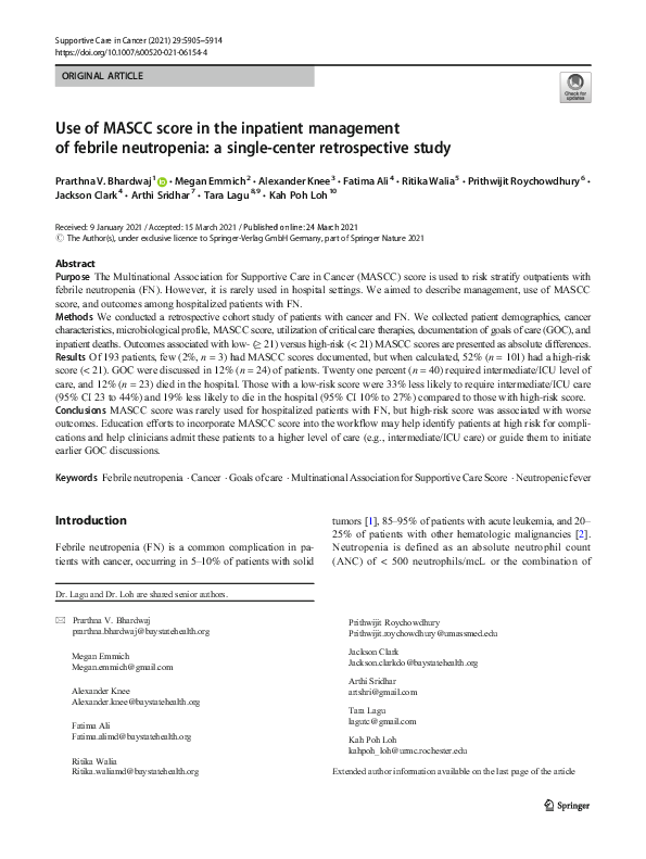 (PDF) Use of MASCC score in the inpatient management of febrile ...