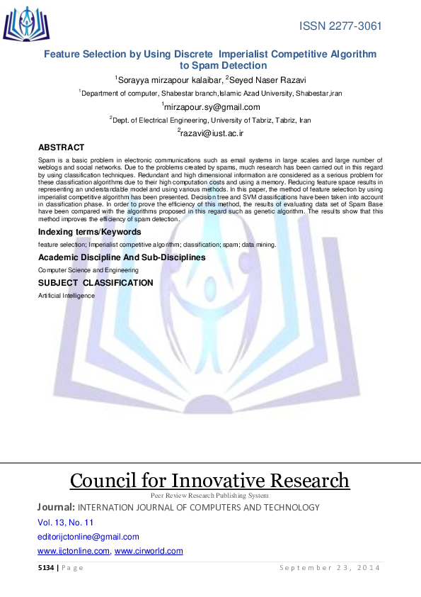 (PDF) Feature Selection by Using Discrete Imperialist Competitive Algorithm to Spam Detection