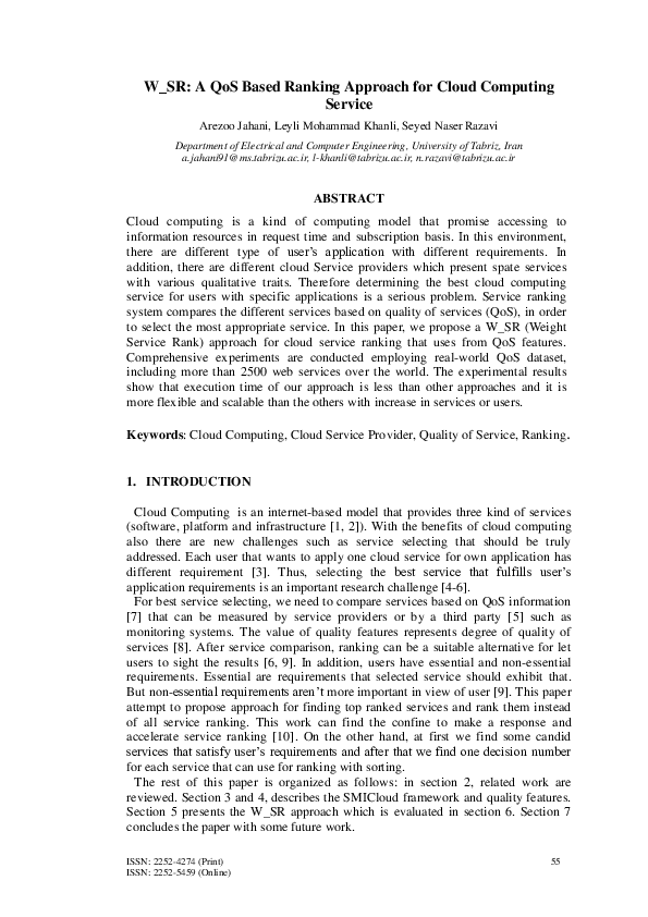Pdf Wsr A Qos Based Ranking Approach For Cloud Computing Service