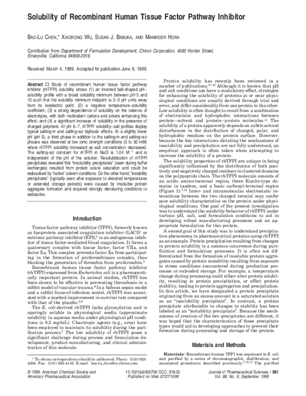(PDF) Solubility of recombinant human tissue factor pathway inhibitor