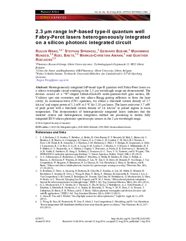 (PDF) 2.3 µm range InP-based type-II quantum well Fabry-Perot lasers heterogeneously integrated ...
