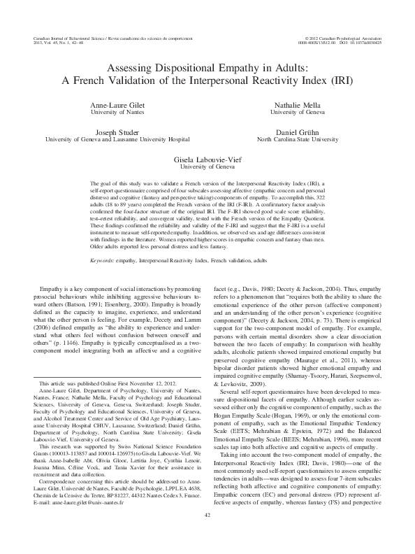 (PDF) Assessing dispositional empathy in adults: A French validation of ...
