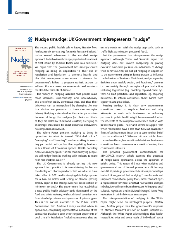 (PDF) Nudge smudge: UK Government misrepresents “nudge”