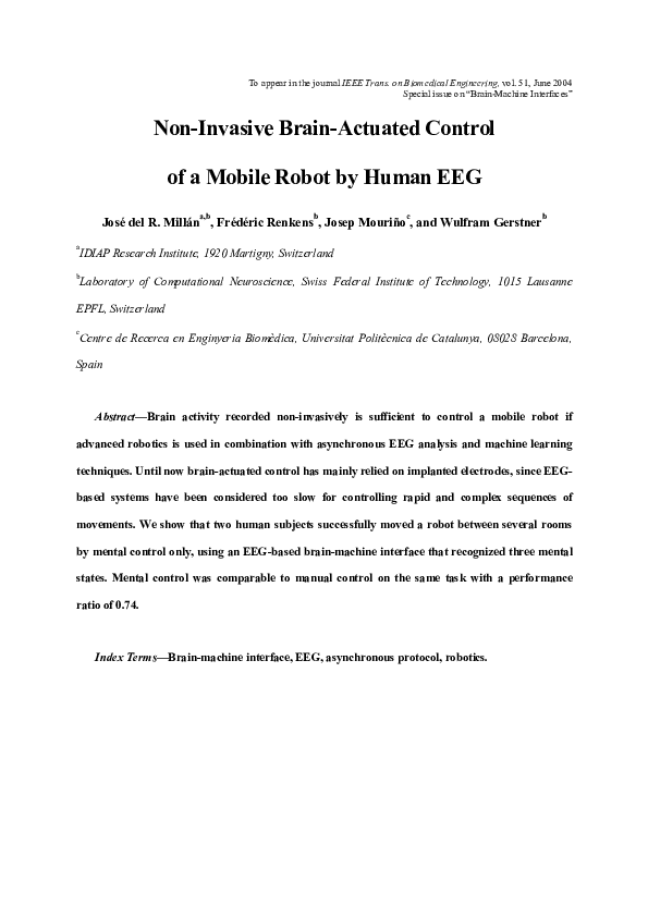 Pdf Noninvasive Brain Actuated Control Of A Mobile Robot By Human Eeg