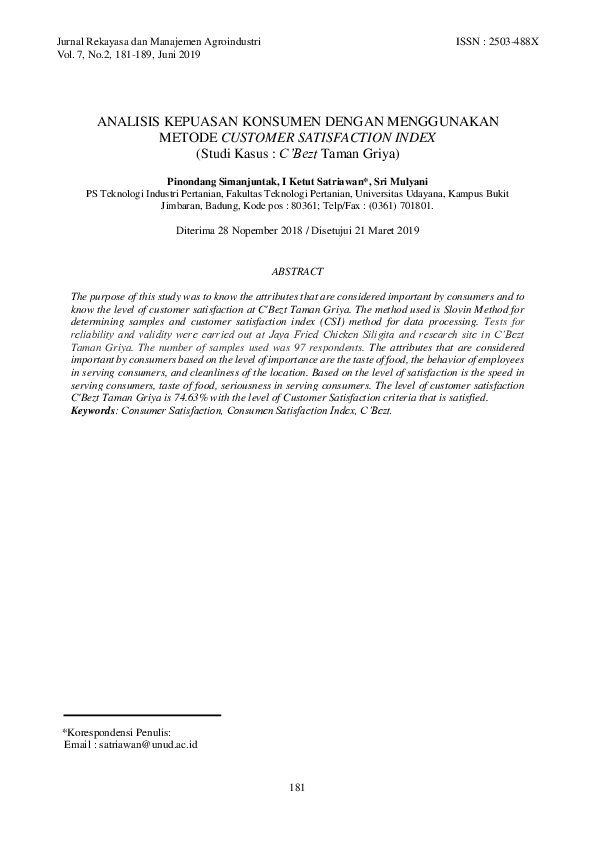 (PDF) ANALISIS KEPUASAN KONSUMEN DENGAN MENGGUNAKAN METODE CUSTOMER SATISFACTION INDEX (Studi ...