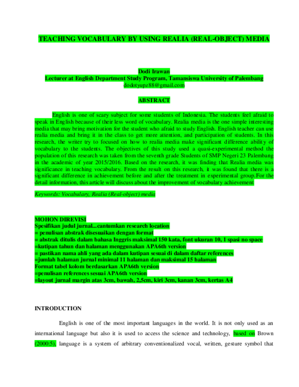 (PDF) Teaching Vocabulary by Using Realia (Real-Object) Media | Dodi ...