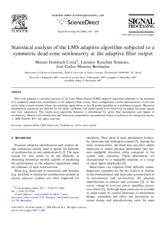 (PDF) Statistical analysis of the LMS adaptive algorithm subjected to a symmetric dead-zone ...