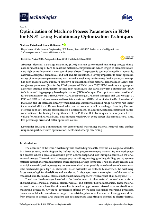(PDF) Optimization of Machine Process Parameters in EDM for EN 31 Using Evolutionary ...