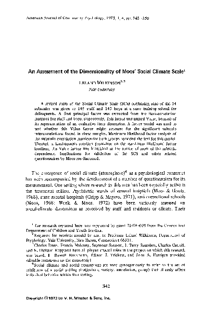(PDF) An assessment of the dimensionality of moos' social climate scale