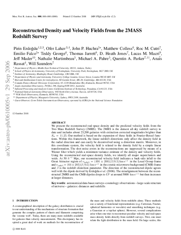 (PDF) Reconstructed density and velocity fields from the 2MASS Redshift ...