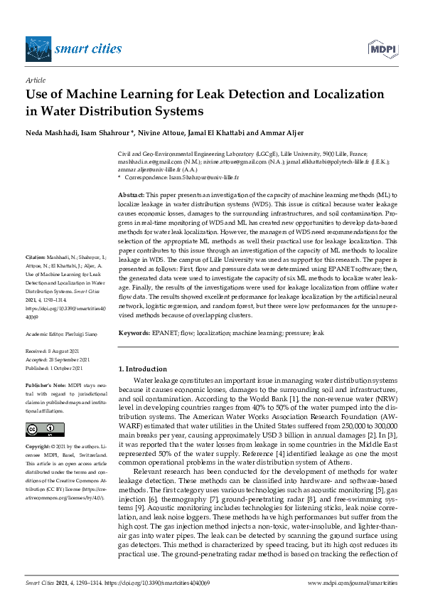 Pdf Use Of Machine Learning For Leak Detection And Localization In