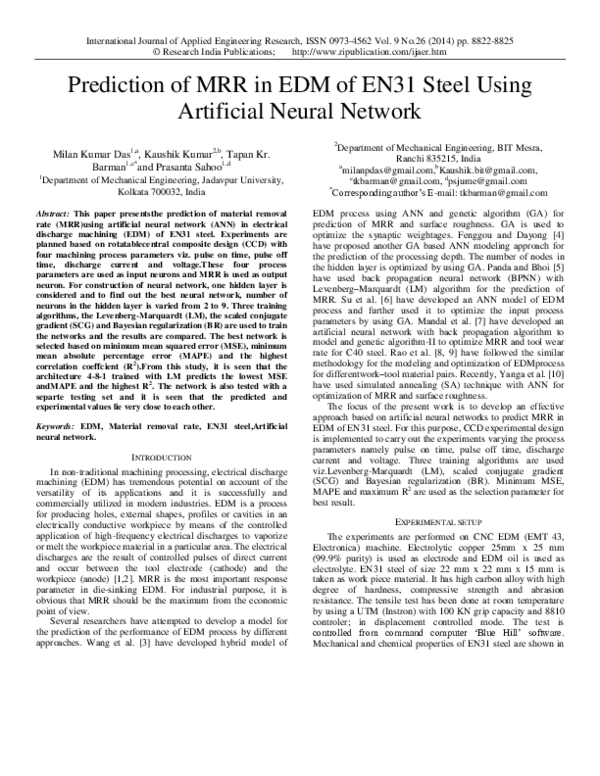 Pdf Prediction Of Mrr In Edm Of En31 Steel Using Artificial Neural Network