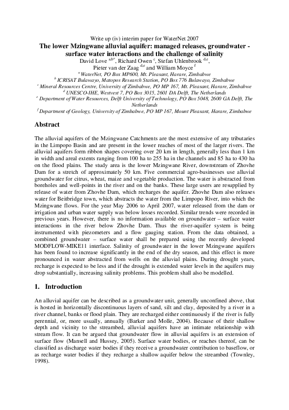 (PDF) The lower Mzingwane alluvial aquifer: managed releases ...