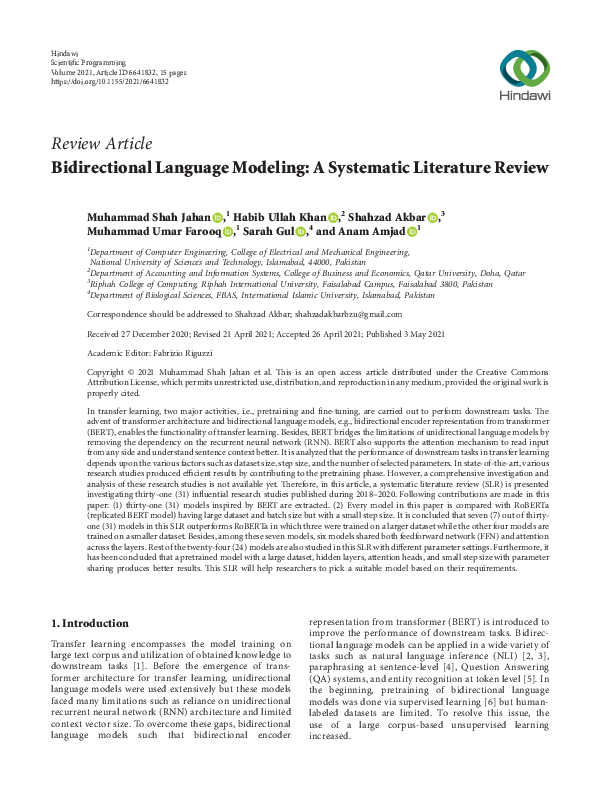 (PDF) Bidirectional Language Modeling: A Systematic Literature Review