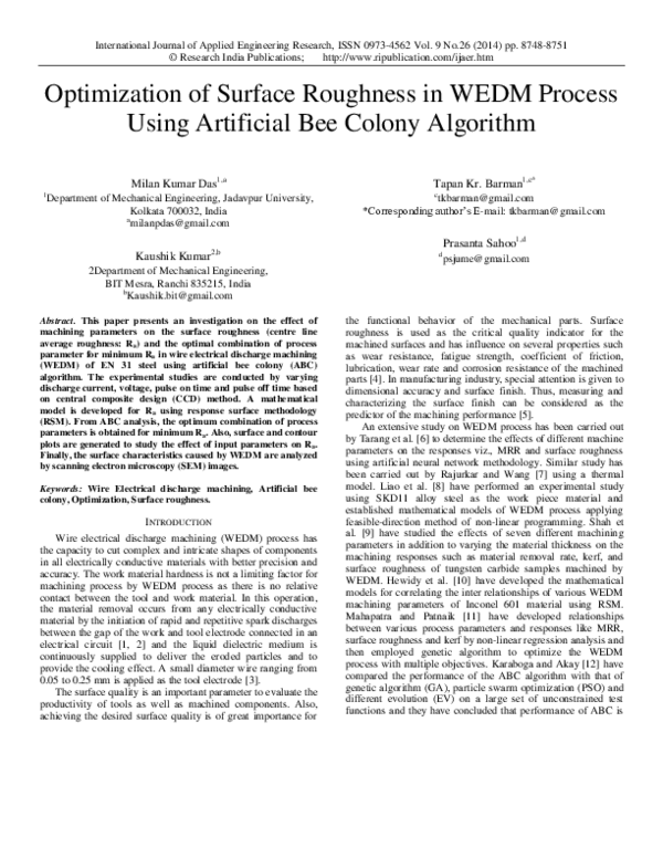 (PDF) Optimization of Surface Roughness in WEDM Process Using Artificial Bee Colony Algorithm