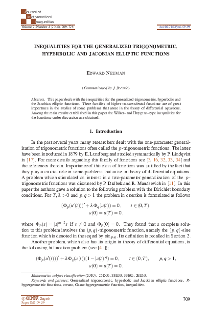 Pdf Inequalities For The Generalized Trigonometric Hyperbolic And Jacobian Elliptic Functions