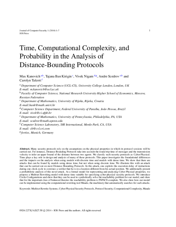 (PDF) Time, computational complexity, and probability in the analysis of distance-bounding protocols