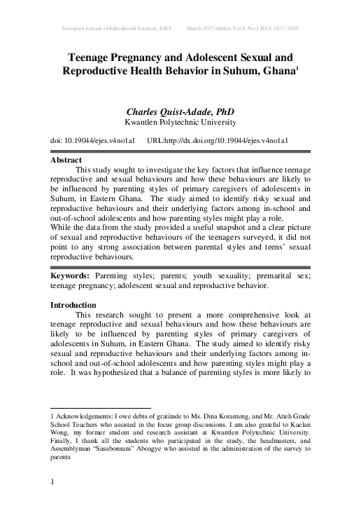 (PDF) Teenage Pregnancy and Adolescent Sexual and Reproductive Health ...