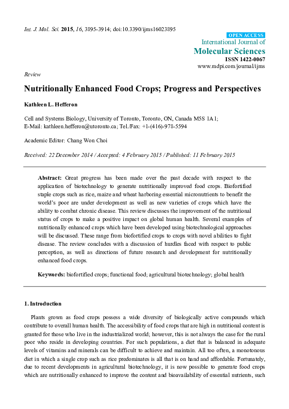 (PDF) Nutritionally Enhanced Food Crops; Progress and Perspectives