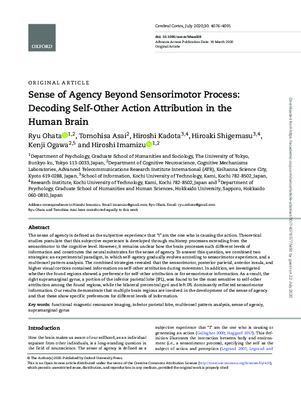 (PDF) Sense of Agency Beyond Sensorimotor Process: Decoding Self-Other ...