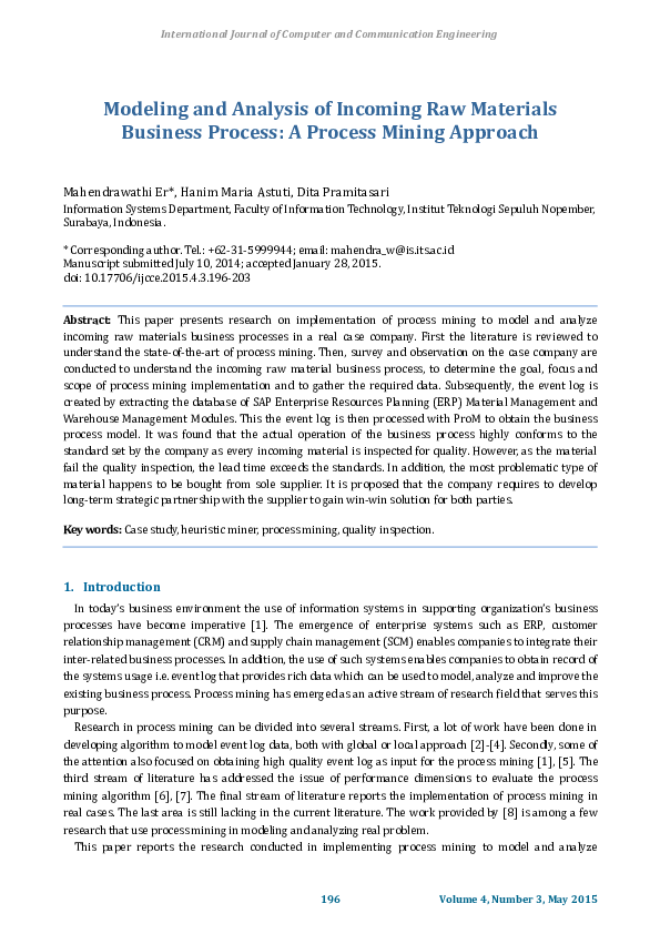 (PDF) Modeling and Analysis of Incoming Raw Materials Business Process: A Process Mining Approach