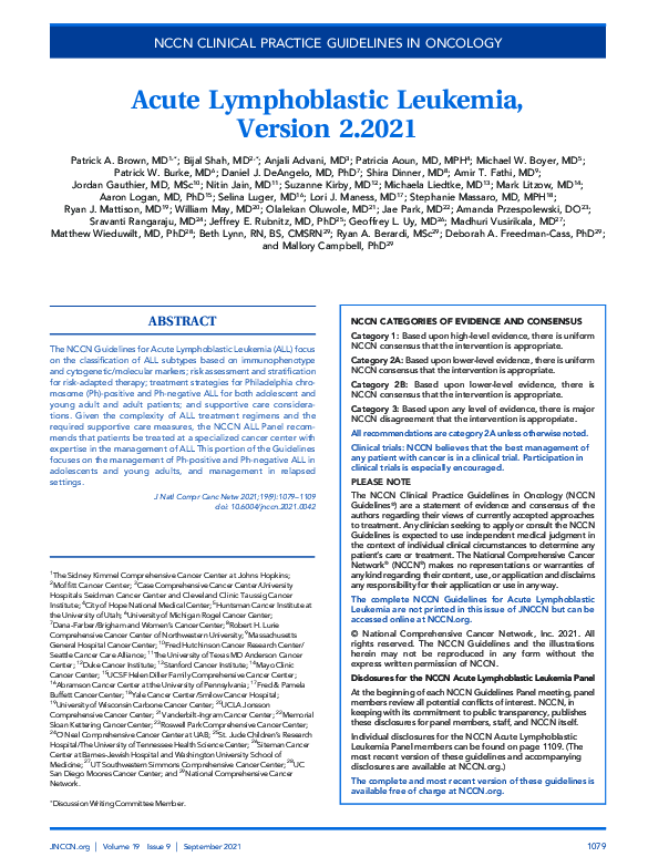(PDF) Acute Lymphoblastic Leukemia, Version 2.2021, NCCN Clinical Practice Guidelines in Oncology