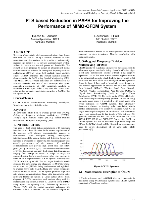 Pdf Pts Based Reduction In Papr For Improving The Performance Of Mimo Ofdm System Rajesh