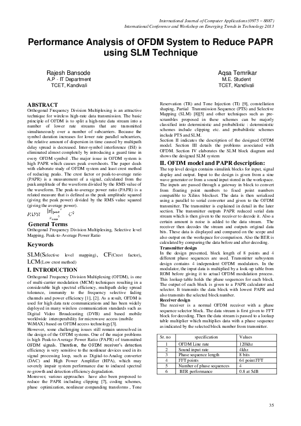 Pdf Performance Analysis Of Ofdm System To Reduce Papr Using Slm Technique 