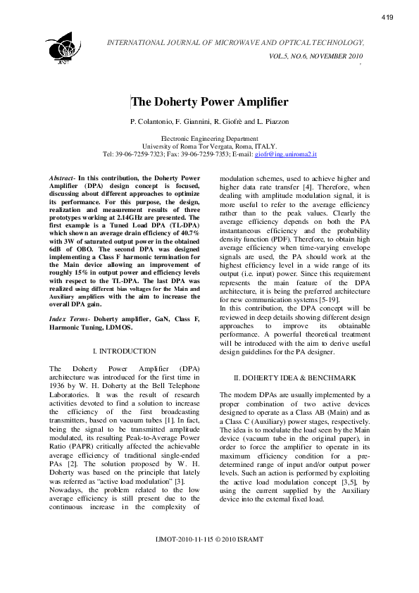 (PDF) Evaluation of GaN technology in Doherty power amplifier architectures