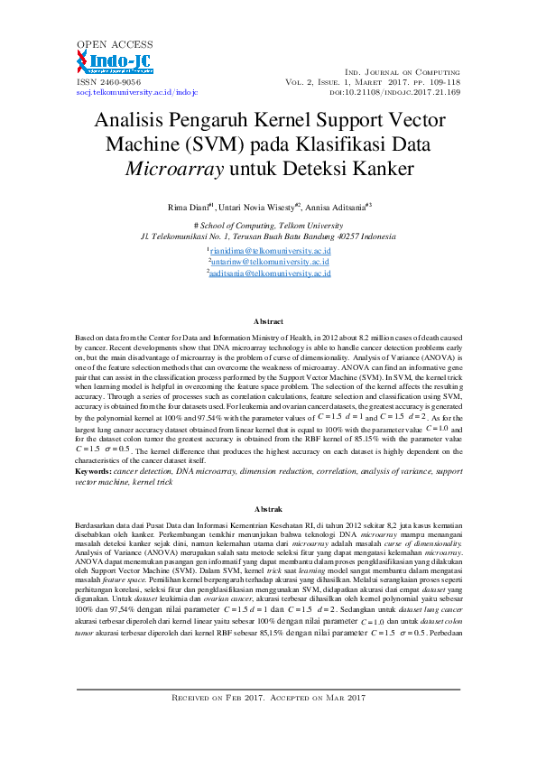 Pdf Analisis Pengaruh Kernel Support Vector Machine Svm Pada Klasifikasi Data Microarray