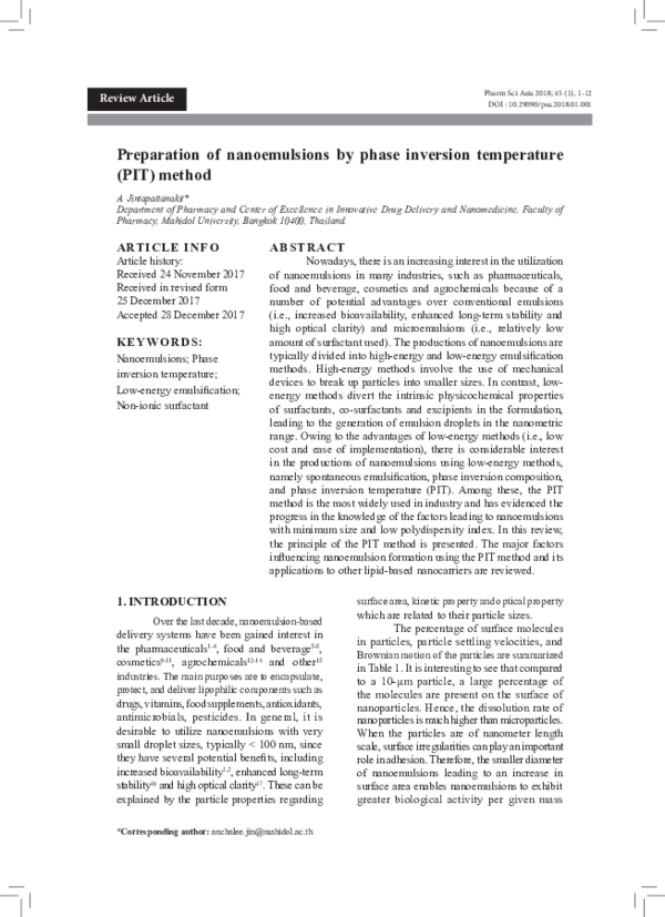 (PDF) Preparation of nanoemulsions by phase inversion temperature (PIT)