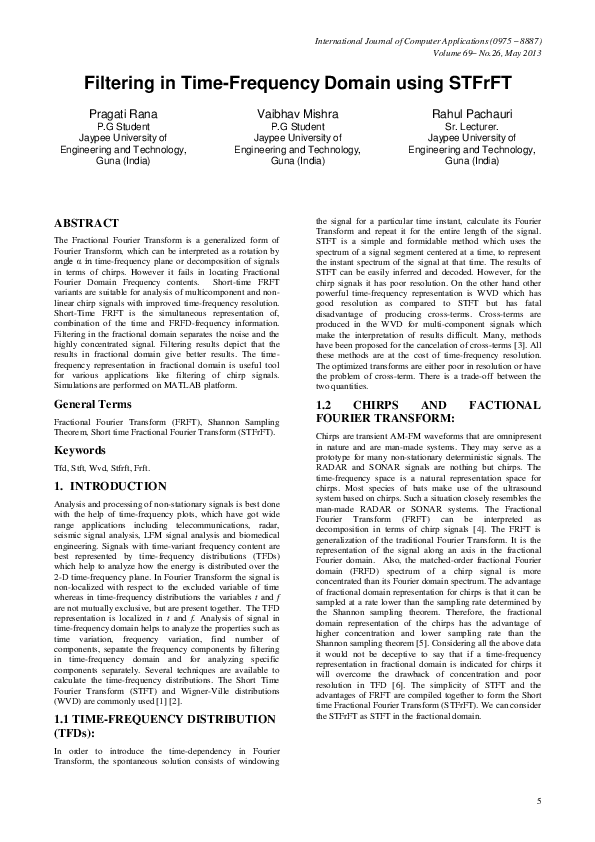(PDF) Filtering in Time-Frequency Domain using STFrFT
