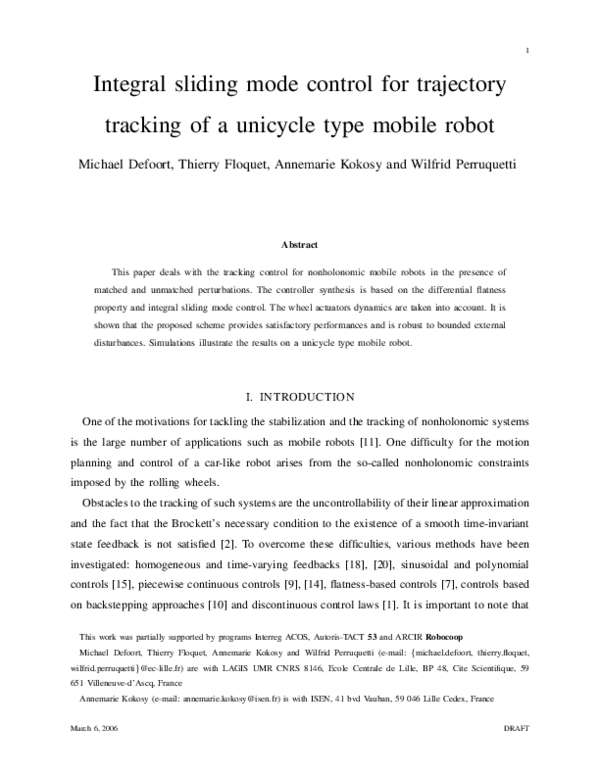 Pdf Integral Sliding Mode Control For Trajectory Tracking Of A Unicycle Type Mobile Robot