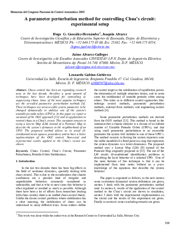 Pdf A Parameter Perturbation Method For Controlling Chuas Circuit