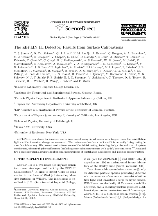 (PDF) The ZEPLIN III Detector; Results from Surface Calibrations