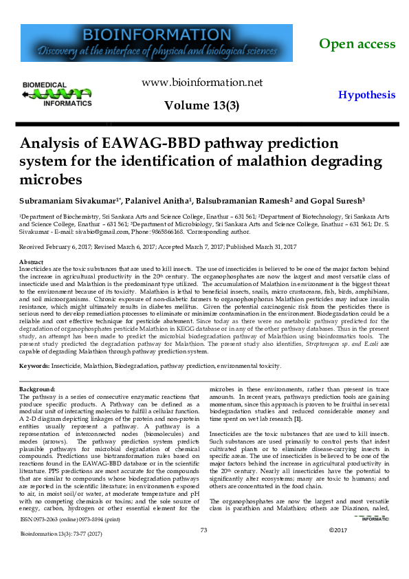 (PDF) Analysis of EAWAG-BBD pathway prediction system for the identification of malathion ...