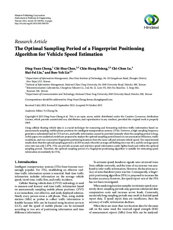(PDF) The Optimal Sampling Period of a Fingerprint Positioning Algorithm for Vehicle Speed ...