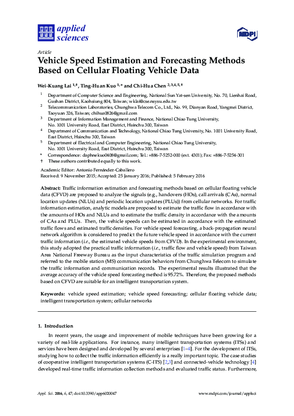 Pdf Vehicle Speed Estimation And Forecasting Methods Based On Cellular Floating Vehicle Data