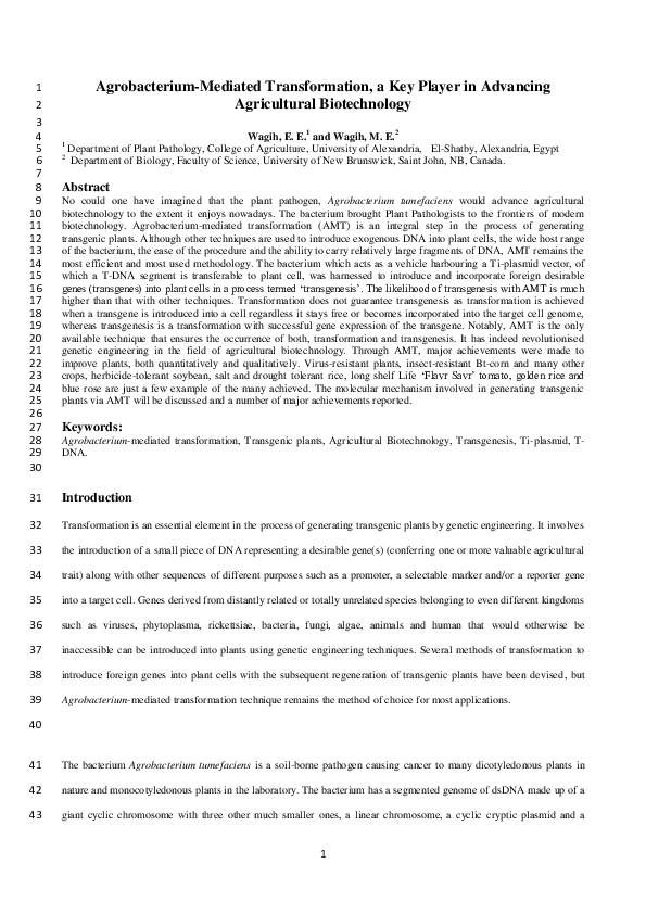 (PDF) Agrobacterium-mediated transformation, a key player in advancing ...
