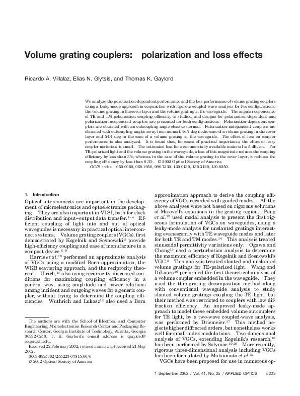 (PDF) Volume Grating Couplers: Polarization and Loss Effects