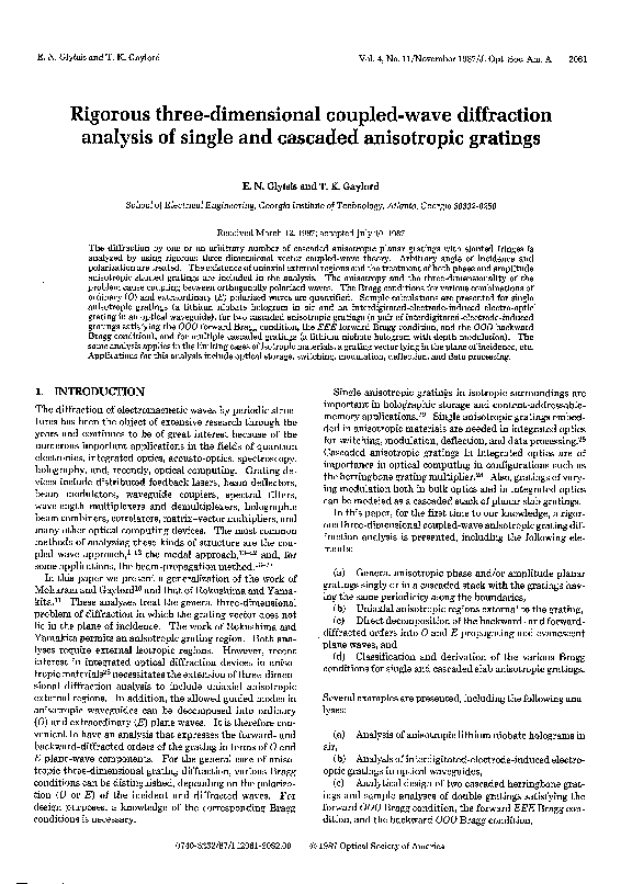 (PDF) Rigorous three-dimensional coupled-wave diffraction analysis of single and cascaded ...